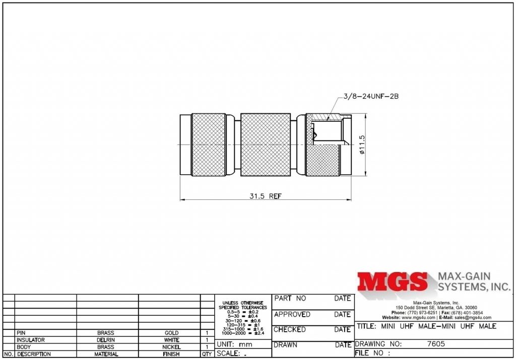 mini-UHF male to mini-UHF male Adapter - Max-Gain Systems, Inc.