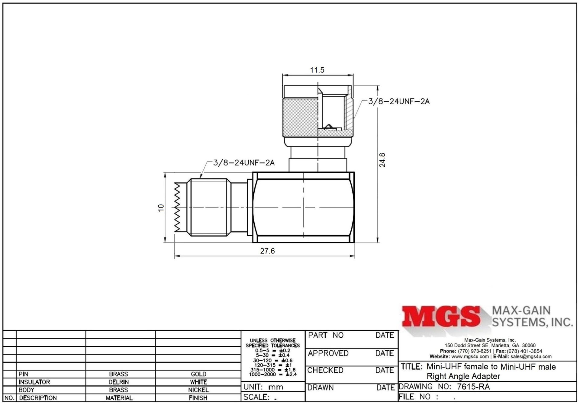 mini-UHF female to mini-UHF male Adapter - Max-Gain Systems, Inc.