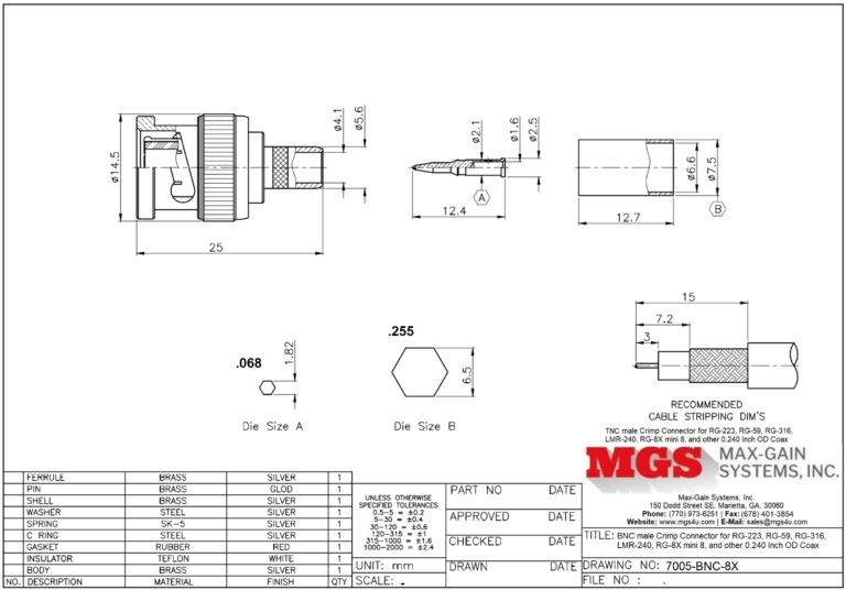 BNC male Crimp Connector for RG-8X, RG-59, & LMR-240 Coax