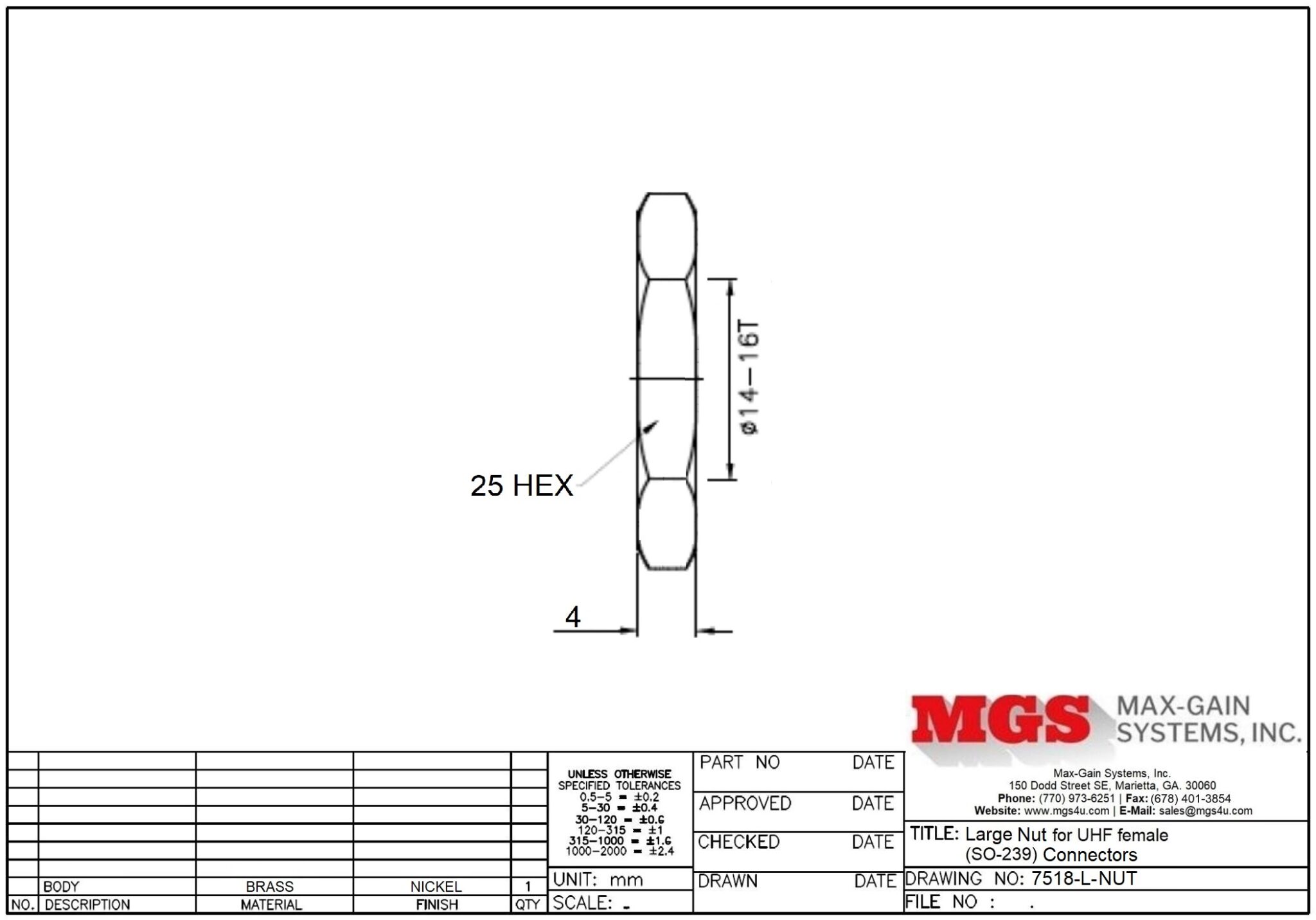 Large Nut for UHF Female (SO-239) Bulkhead Connectors - MGS