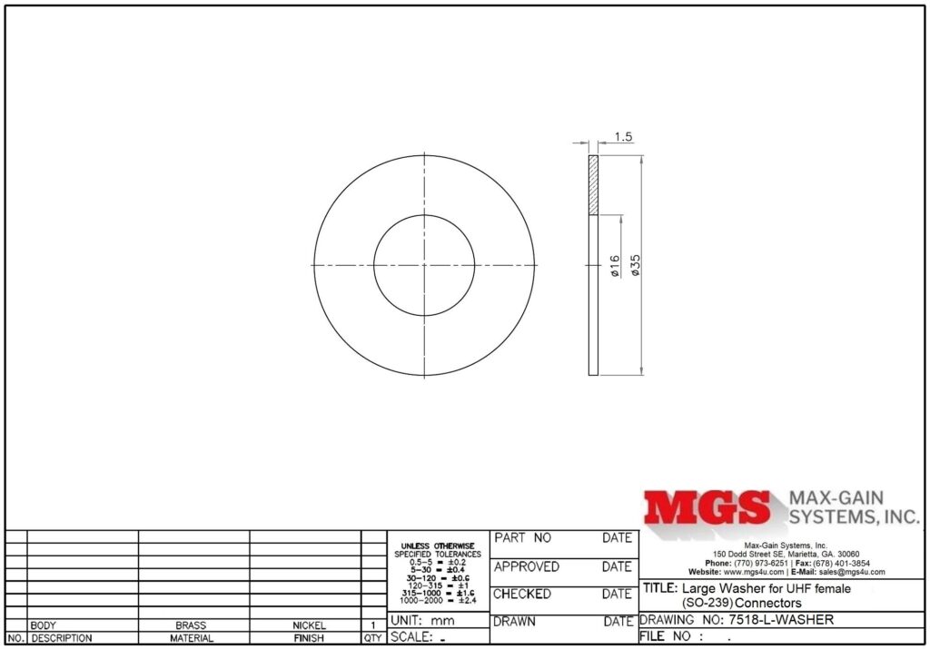 Large Washer for UHF Female (SO-239) Bulkhead Connectors
