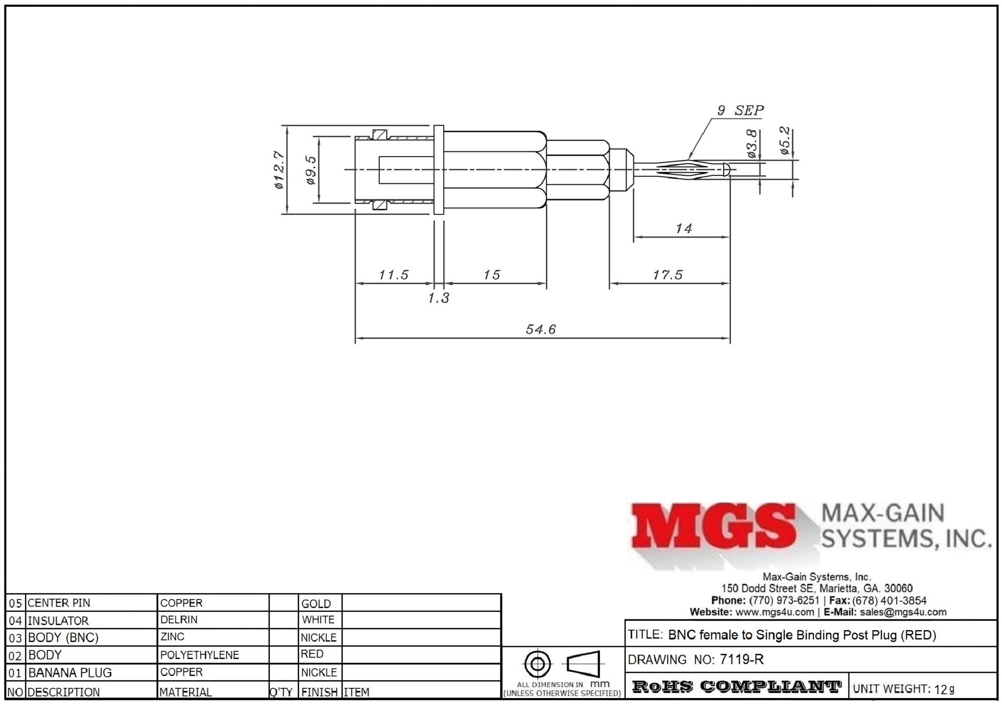 BNC female to Single Binding Post Plug (RED) Adapter - Max-Gain Systems