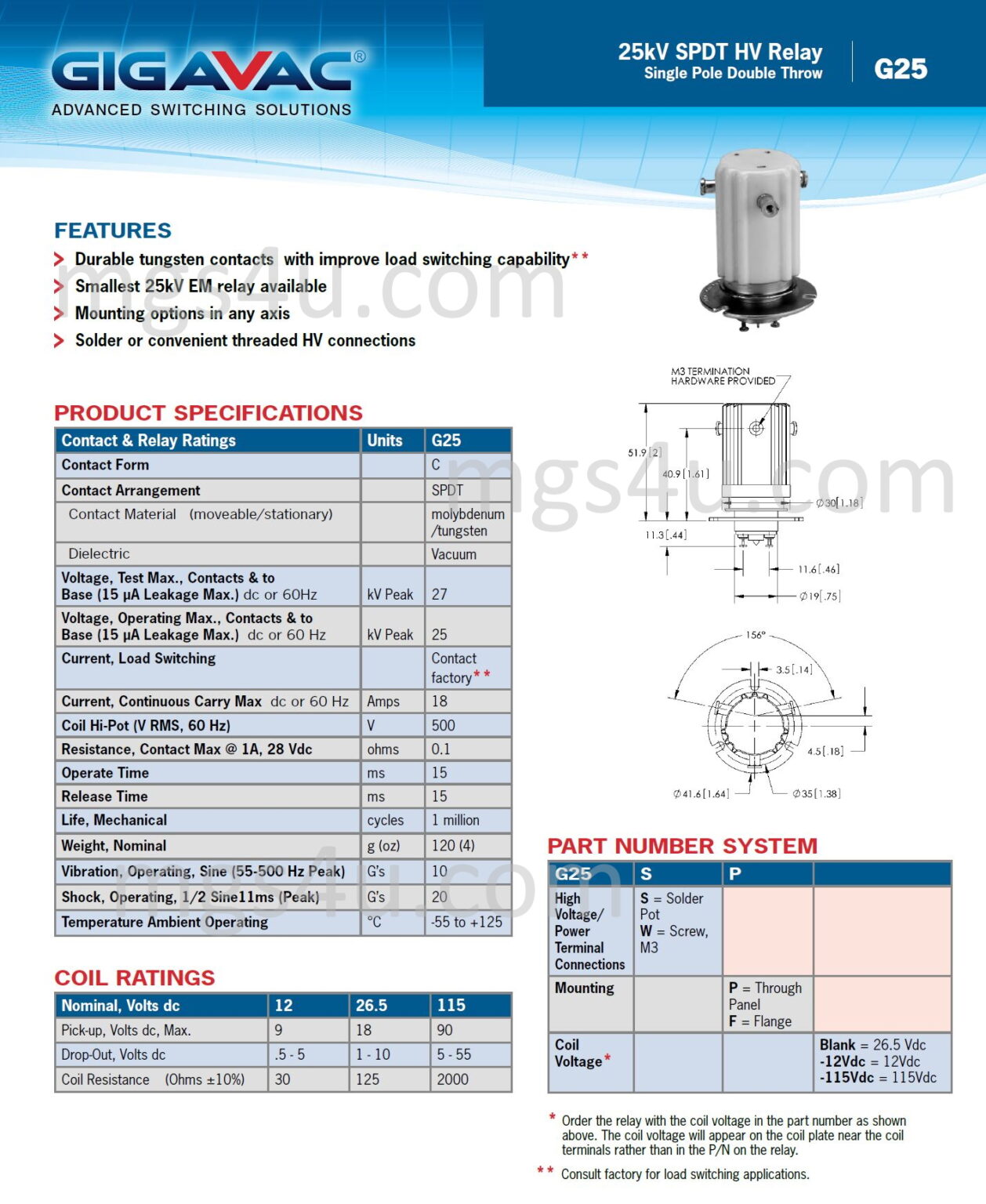 20 kV, 25 kV Peak, SPDT, 18 Amps, Gigavac G25WF - NEW Vacuum Relay