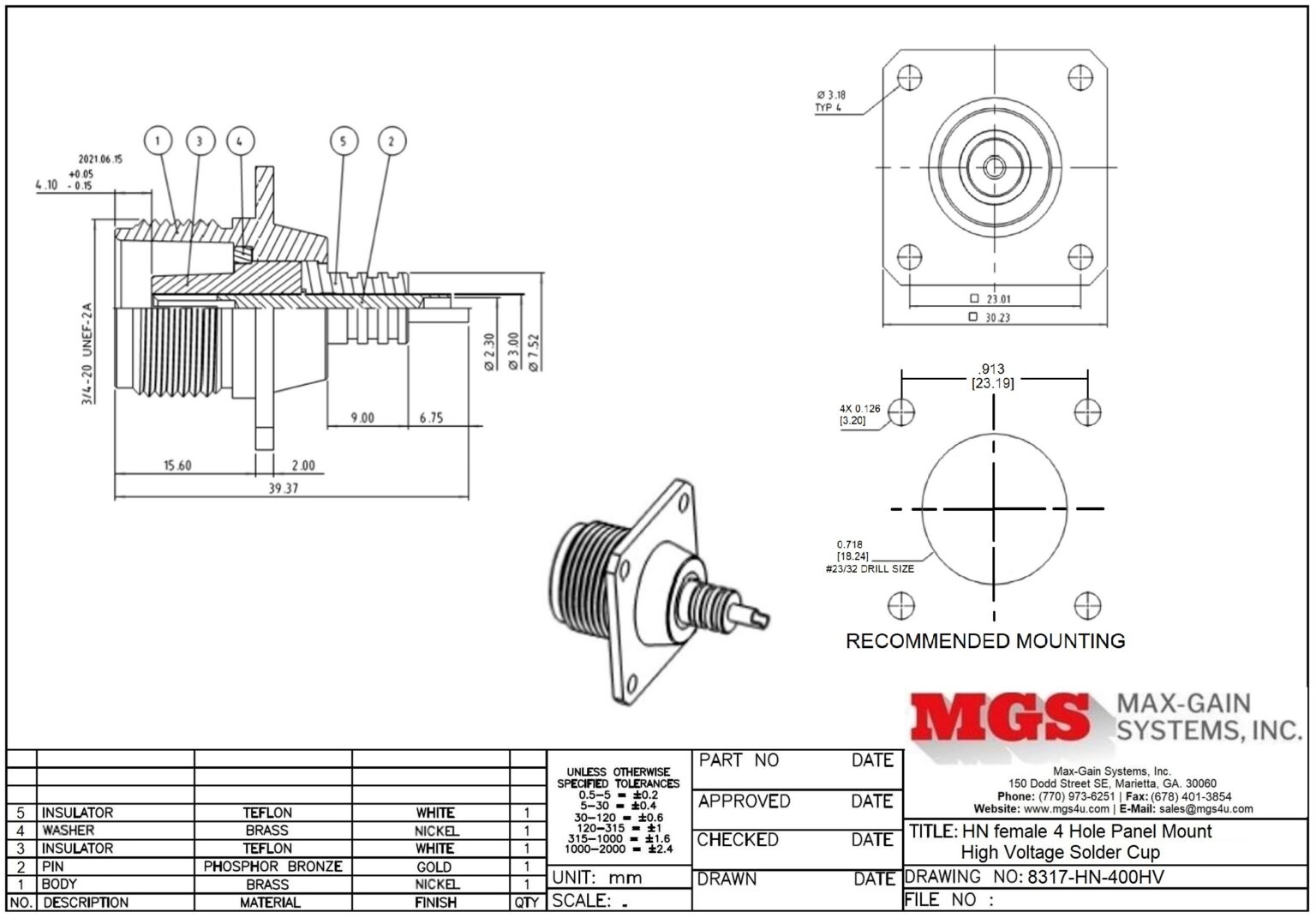 HN female 4-Hole Panel Mount Solder Connector