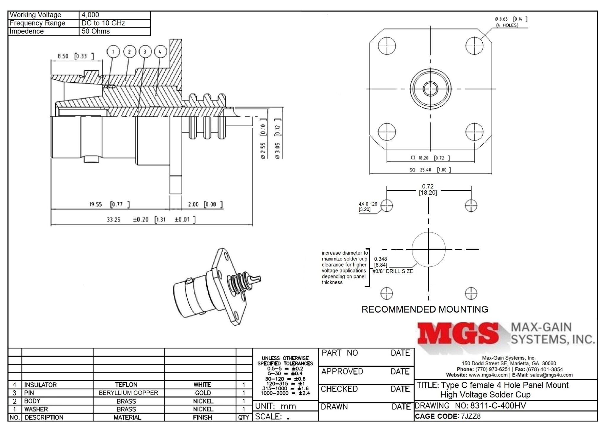 Type C female 4-Hole Panel Mount Solder Connector