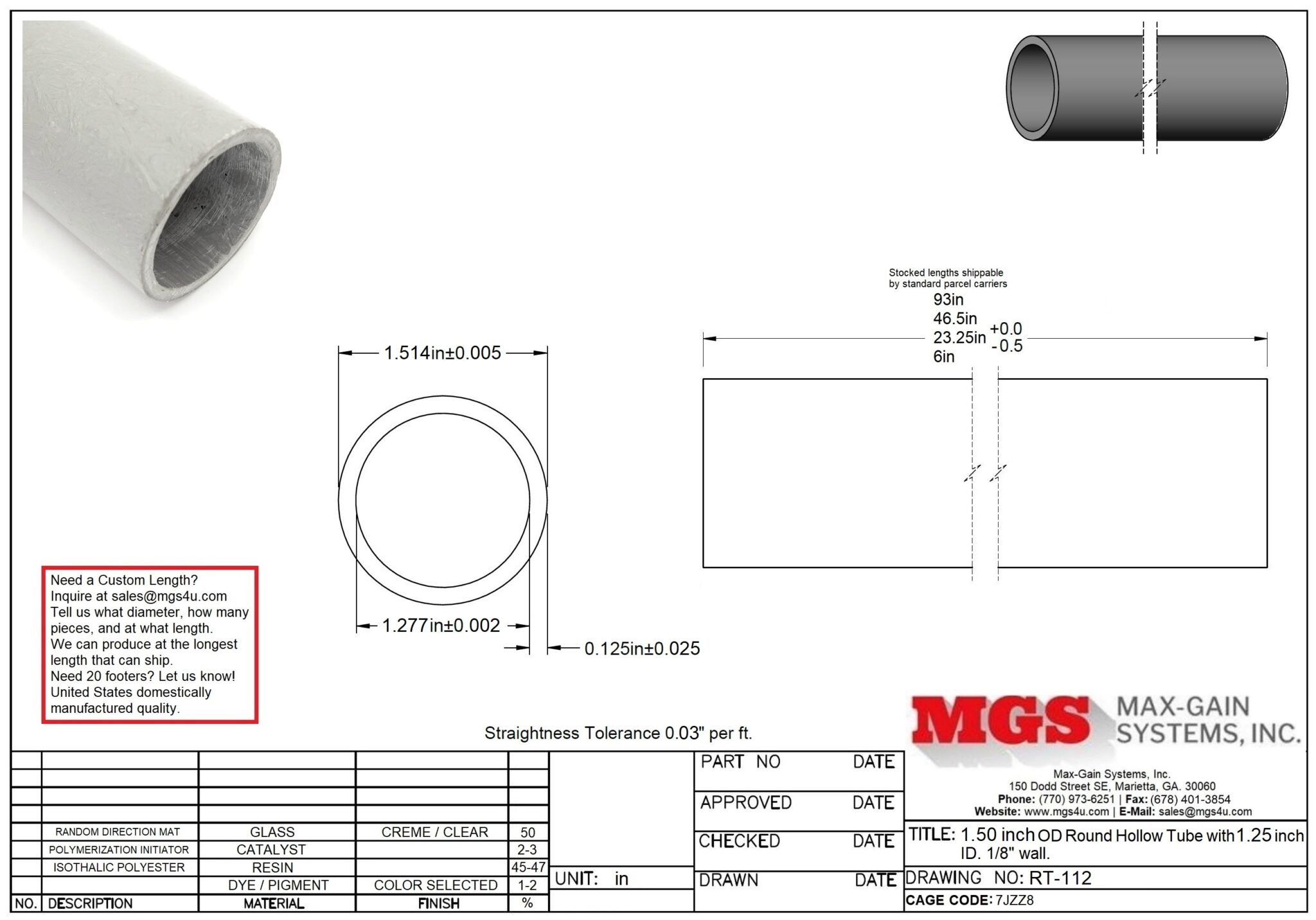 1-1/2" OD, 1-1/4" ID Fiberglass Round Tube - Made in USA