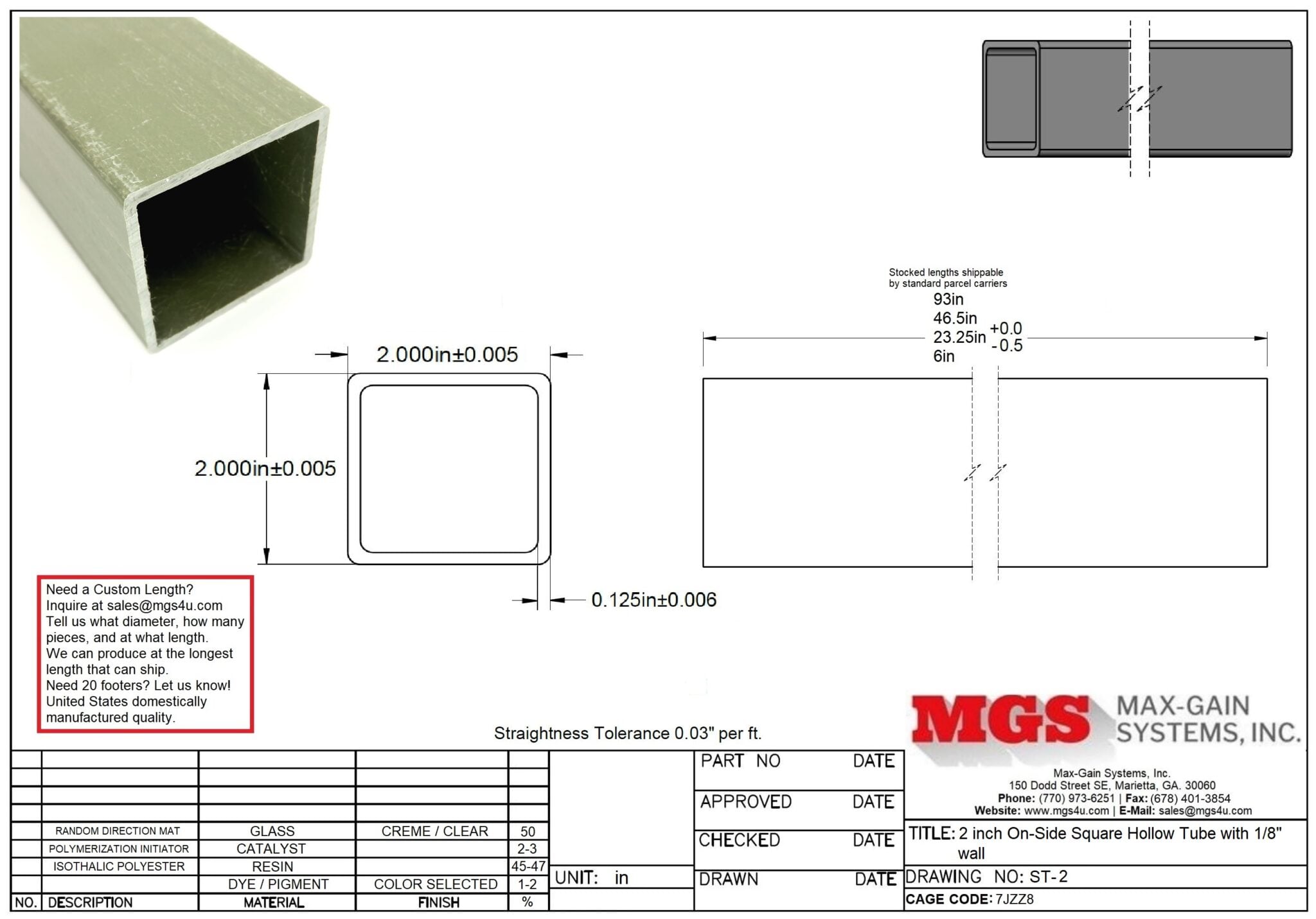 2" On-Side Fiberglass Square Hollow Tube - Max-Gain Systems, Inc.