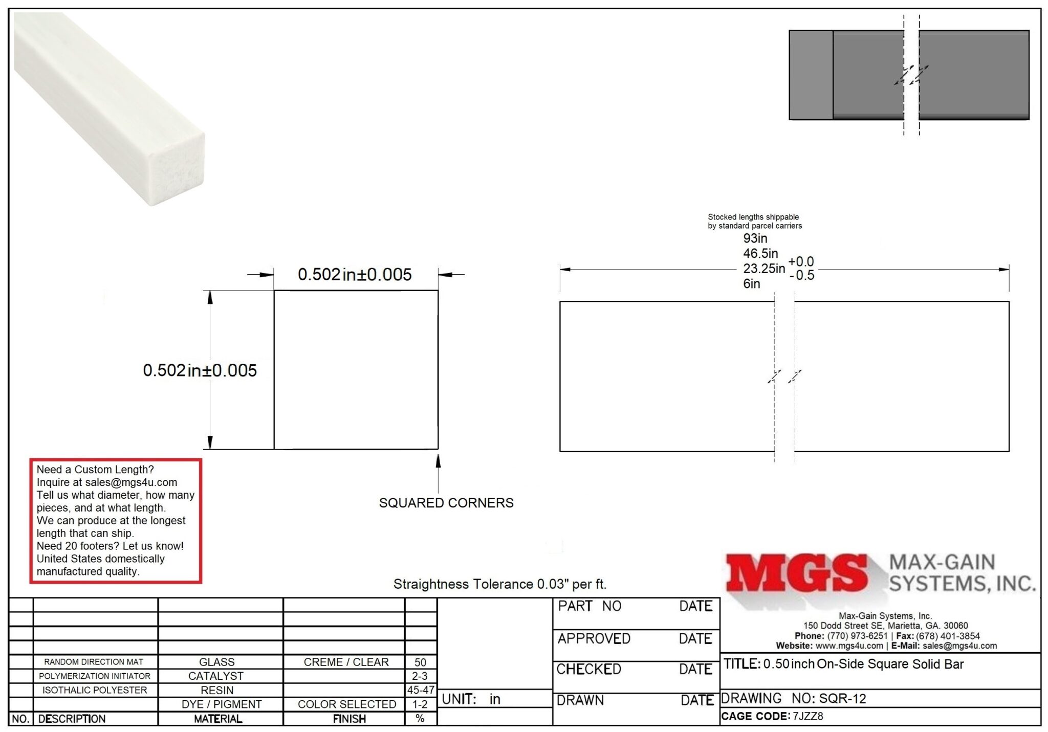 1/2" On-Side Fiberglass Square Solid Bar - Made in USA