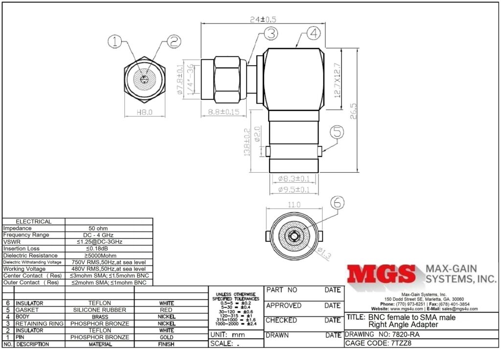 BNC female to SMA male Right Angle Adapter - Max-Gain Systems