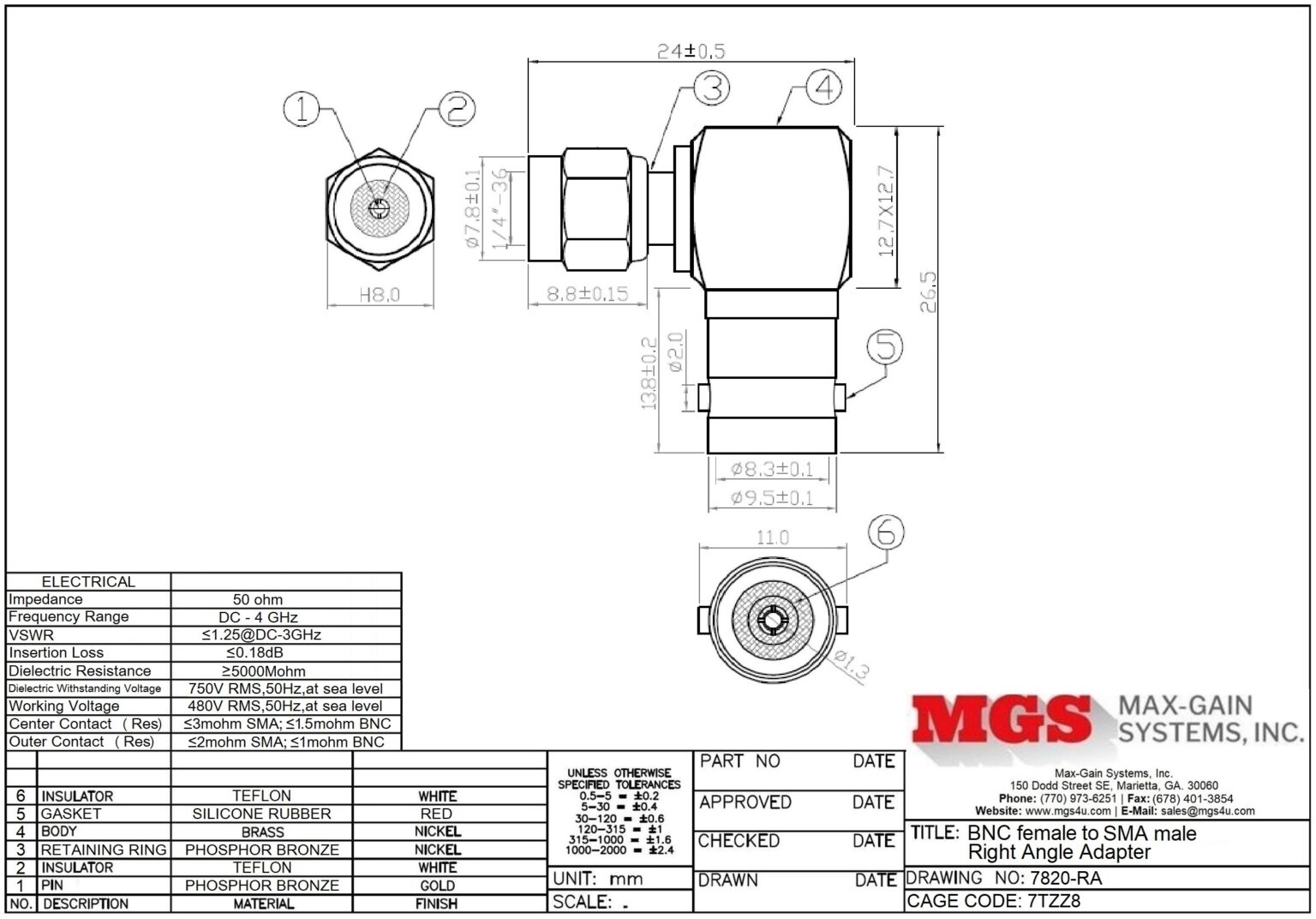 BNC female to SMA male Right Angle Adapter - Max-Gain Systems
