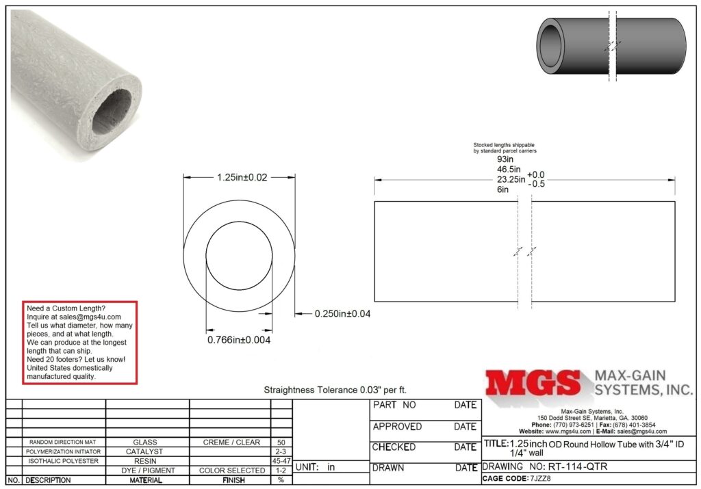 1-1/4" OD, 3/4" ID, 1/4" Wall, Fiberglass Round Tube -Made in USA