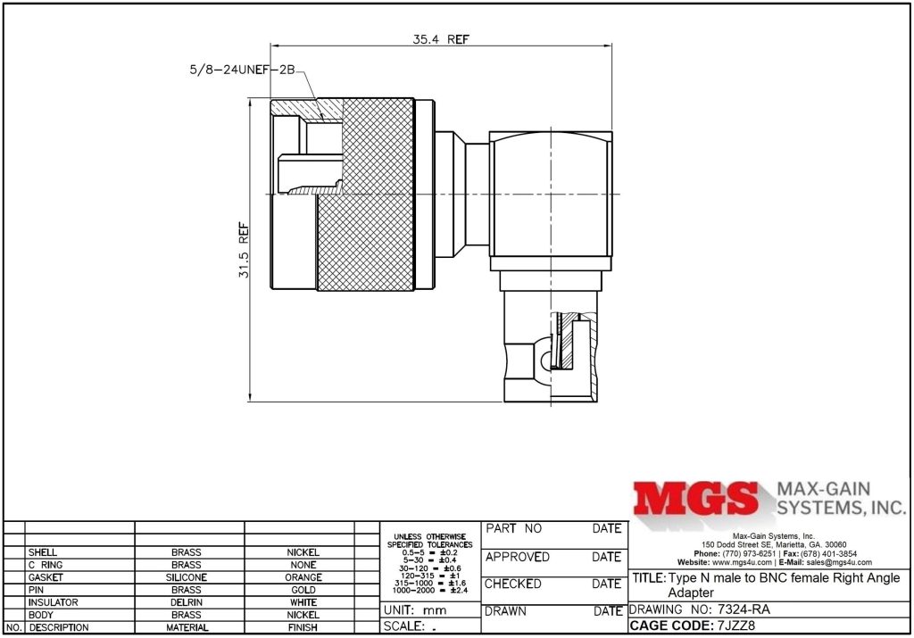 Type N male to BNC female Right Angle Adapter - Max-Gain Systems, Inc.