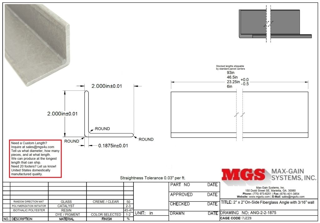 2" x 2" On-Side, 3/16" Wall Fiberglass Angle - Made in USA