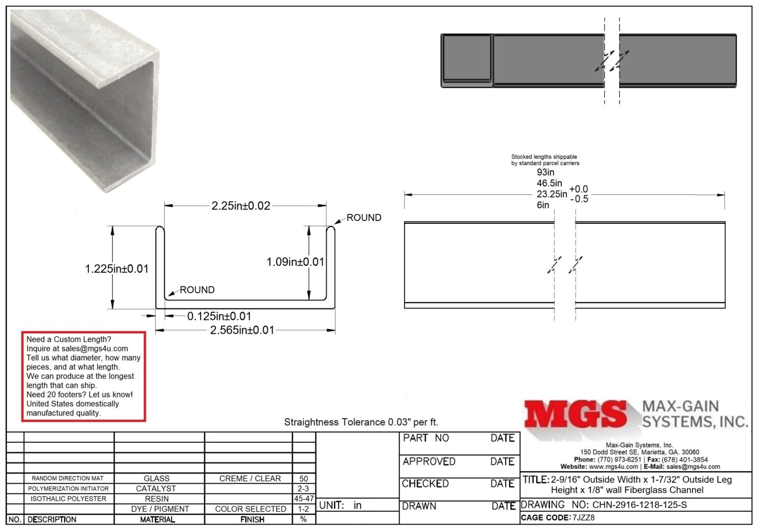 2-9/16" x 1-7/32", 1/8" Wall, Fiberglass Channel - Made in USA
